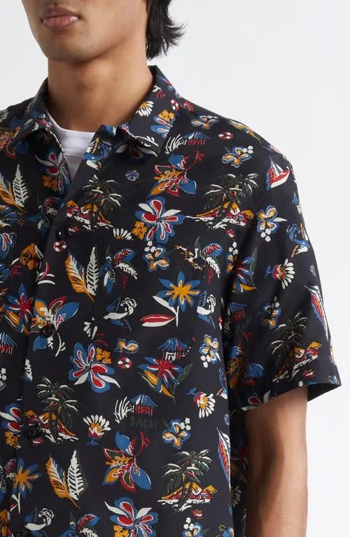 Sacai Tropical Print Camp Shirt In Black Tropical - 65% Off